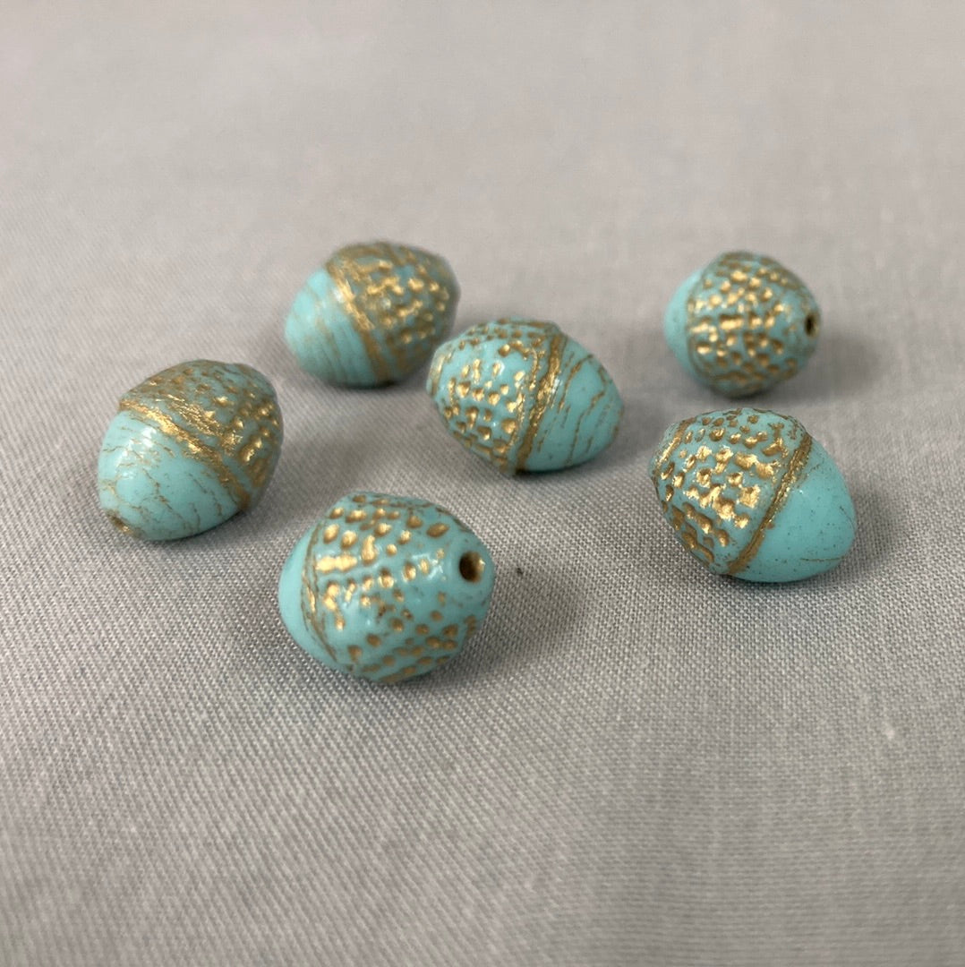 Czech Glass Acorn Bead - Sky Blue with Gold - each – Jennifer Wiles Studio